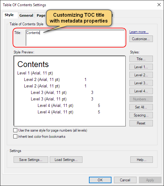 Customizing Table of Contents Title in PDF Documents