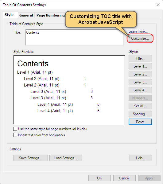 Customizing Table of Contents Title in PDF Documents