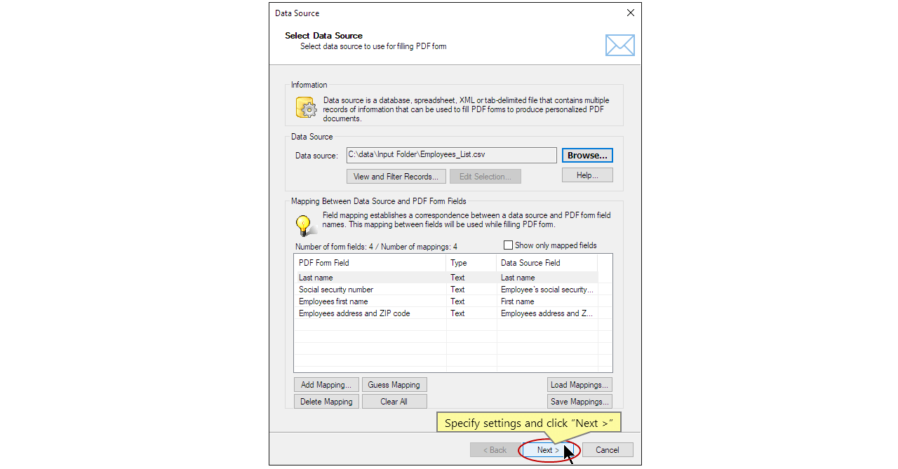Naming output PDF files using text from data fields