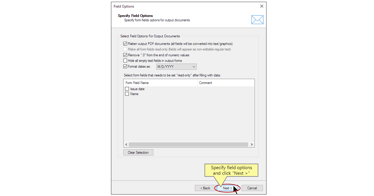 Naming output PDF files using text from data fields