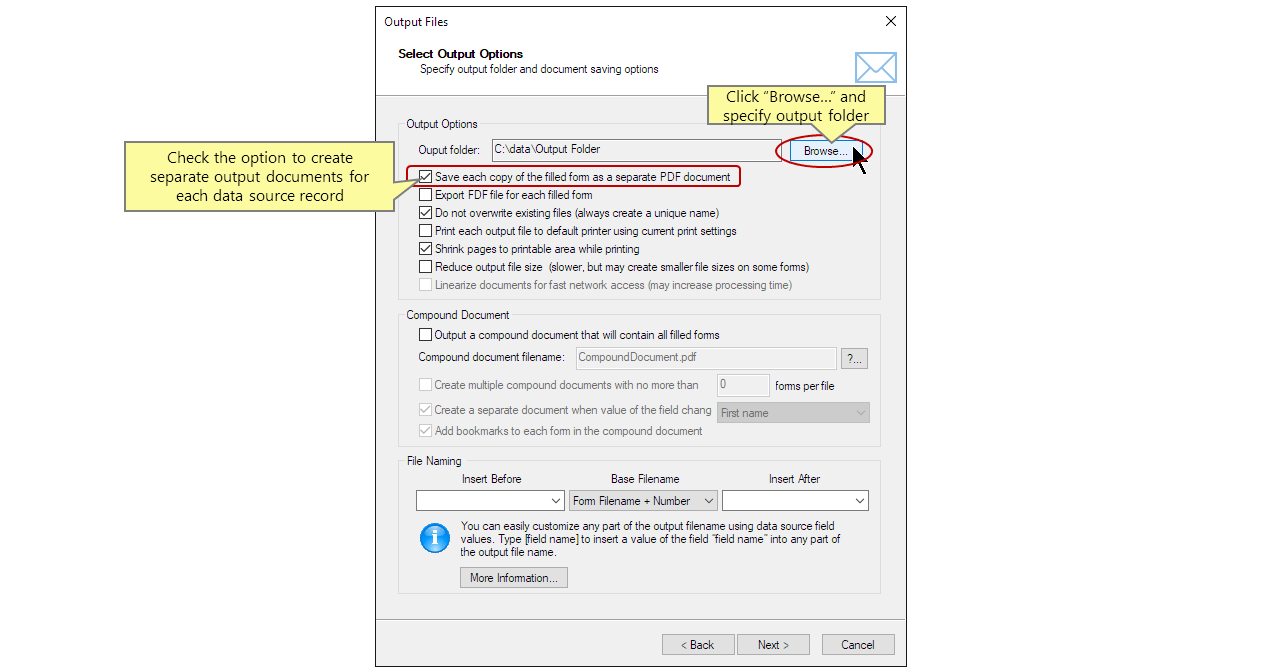Naming output PDF files using text from data fields