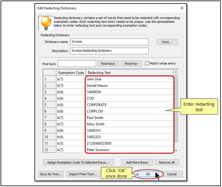 Using Redacting Dictionaries for PDF Document Redaction